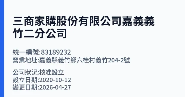三商家購股份有限公司嘉義義竹二分公司的照片-統編 83189232(嘉義縣) 公司登記資料與營業項目詳細圖表