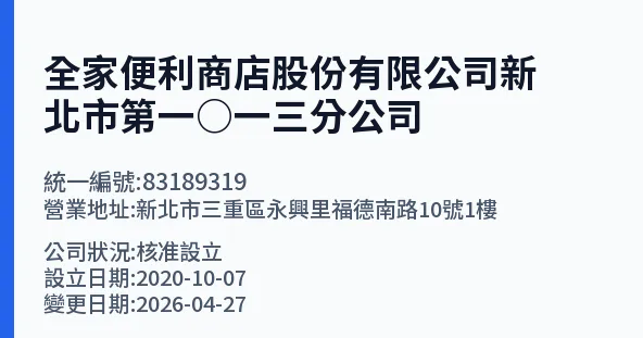 全家便利商店股份有限公司新北市第一○一三分公司的照片-統編 83189319(新北市) 公司登記資料與營業項目詳細圖表