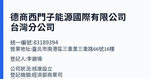 德商西門子能源國際有限公司台灣分公司的照片-統編 83189394(臺北市) 公司登記資料與營業項目詳細圖表