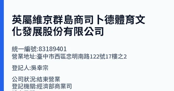 英屬維京群島商司卜德體育文化發展股份有限公司的照片-統編 83189401(臺中市) 公司登記資料與營業項目詳細圖表