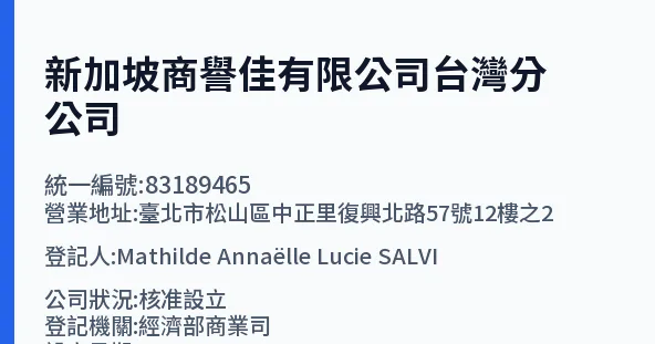 新加坡商譽佳有限公司台灣分公司的照片-統編 83189465(臺北市) 公司登記資料與營業項目詳細圖表
