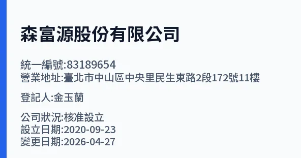 森富源股份有限公司的照片-統編 83189654(臺北市) 公司登記資料與營業項目詳細圖表