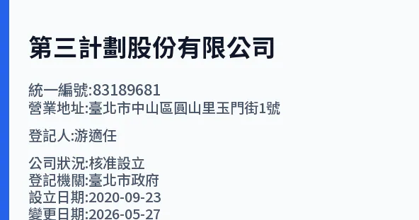 第三計劃股份有限公司的照片-統編 83189681(臺北市) 公司登記資料與營業項目詳細圖表