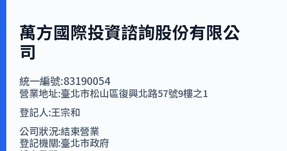 萬方國際投資諮詢股份有限公司的照片-統編 83190054(臺北市) 公司登記資料與營業項目詳細圖表