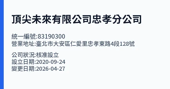 頂尖未來有限公司忠孝分公司的照片-統編 83190300(臺北市) 公司登記資料與營業項目詳細圖表