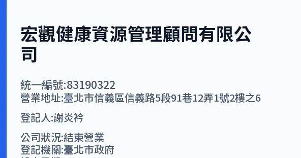 宏觀健康資源管理顧問有限公司的照片-統編 83190322(臺北市) 公司登記資料與營業項目詳細圖表