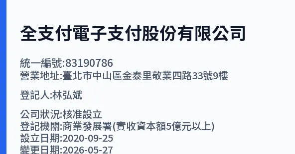 全支付電子支付股份有限公司的照片-統編 83190786(臺北市) 公司登記資料與營業項目詳細圖表