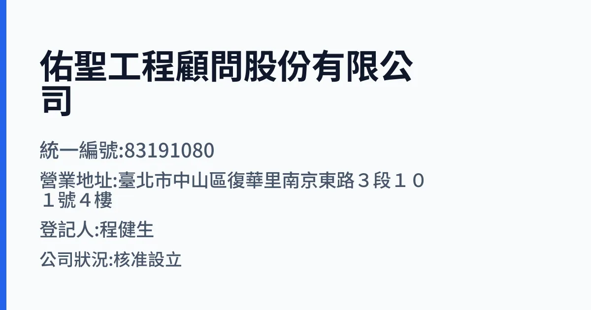 佑聖工程顧問股份有限公司 - 統編 83191080(臺北市) 公司登記資料與營業項目詳細圖表