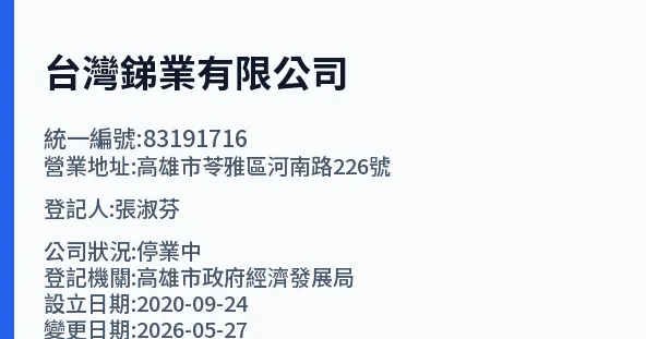 台灣銻業有限公司的照片-統編 83191716(高雄市) 公司登記資料與營業項目詳細圖表