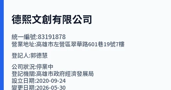 德熙文創有限公司的照片-統編 83191878(高雄市) 公司登記資料與營業項目詳細圖表