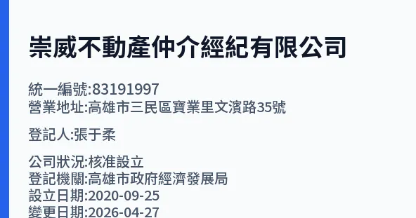 崇威不動產仲介經紀有限公司的照片-統編 83191997(高雄市) 公司登記資料與營業項目詳細圖表