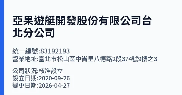 亞果遊艇開發股份有限公司台北分公司的照片-統編 83192193(臺北市) 公司登記資料與營業項目詳細圖表