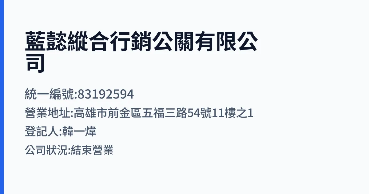藍懿縱合行銷公關有限公司 - 統編 83192594(高雄市) 公司登記資料與營業項目詳細圖表