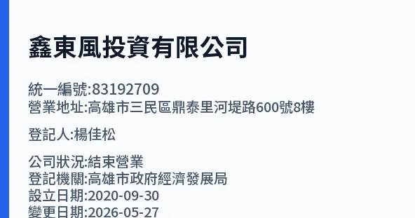 鑫東風投資有限公司的照片-統編 83192709(高雄市) 公司登記資料與營業項目詳細圖表