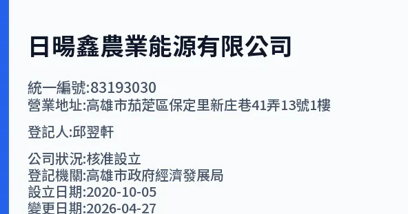日暘鑫農業能源有限公司的照片-統編 83193030(高雄市) 公司登記資料與營業項目詳細圖表