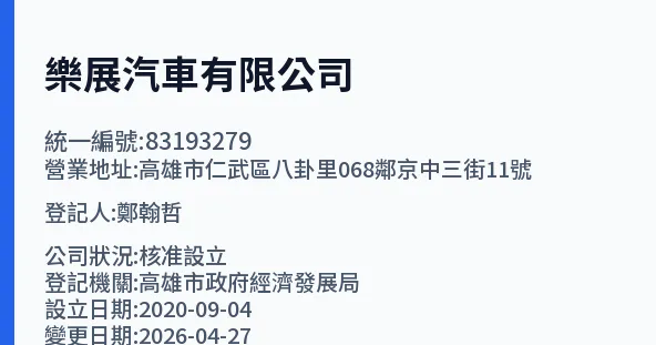 樂展汽車有限公司的照片-統編 83193279(高雄市) 公司登記資料與營業項目詳細圖表