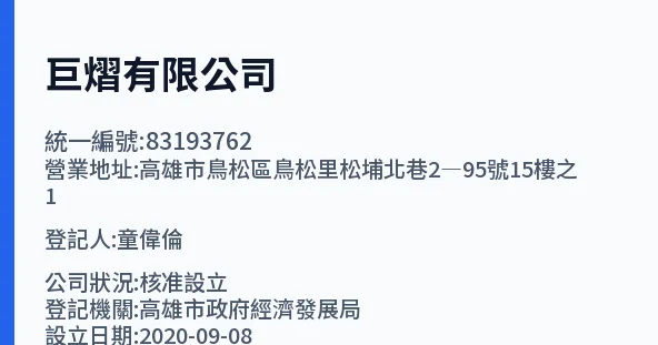 巨熠有限公司的照片-統編 83193762(高雄市) 公司登記資料與營業項目詳細圖表