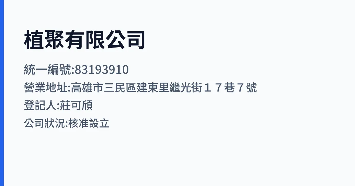 植聚有限公司 - 統編 83193910(高雄市) 公司登記資料與營業項目詳細圖表