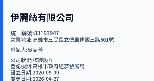 伊麗絲有限公司的照片-統編 83193947(高雄市) 公司登記資料與營業項目詳細圖表