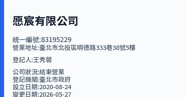 愿宸有限公司的照片-統編 83195229(臺北市) 公司登記資料與營業項目詳細圖表