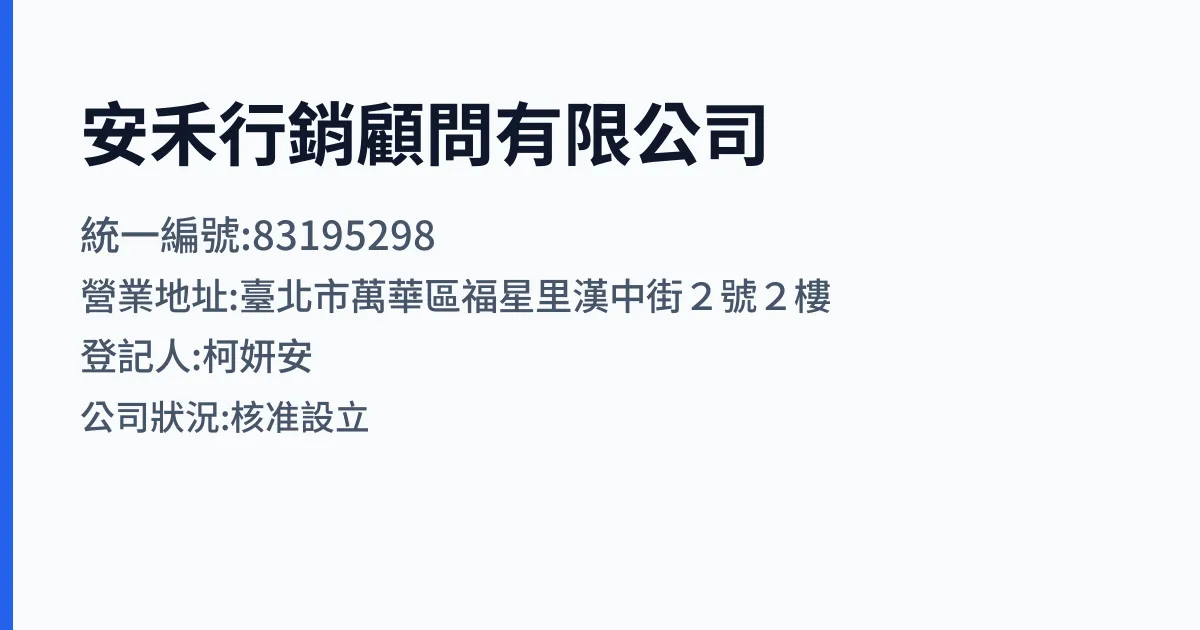 安禾行銷顧問有限公司 - 統編 83195298(臺北市) 公司登記資料與營業項目詳細圖表