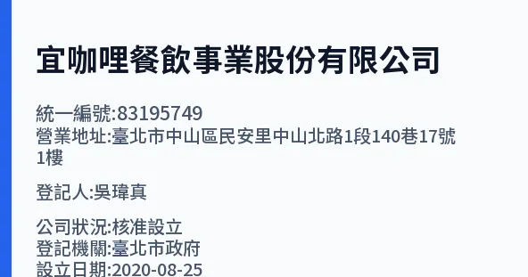 宜咖哩餐飲事業股份有限公司的照片-統編 83195749(臺北市) 公司登記資料與營業項目詳細圖表