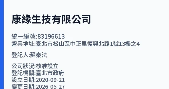 康緣生技有限公司的照片-統編 83196613(臺北市) 公司登記資料與營業項目詳細圖表