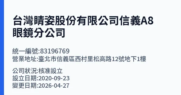 台灣睛姿股份有限公司信義A8眼鏡分公司的照片-統編 83196769(臺北市) 公司登記資料與營業項目詳細圖表