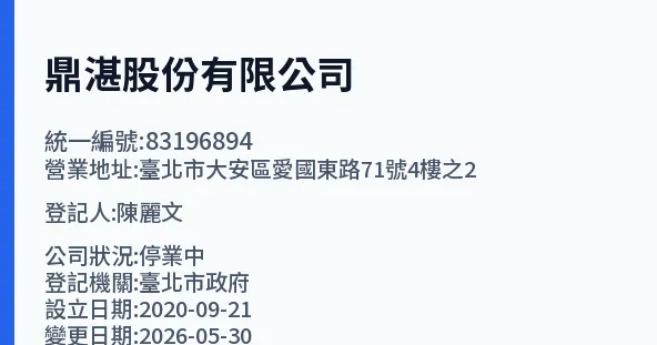 鼎湛股份有限公司的照片-統編 83196894(臺北市) 公司登記資料與營業項目詳細圖表