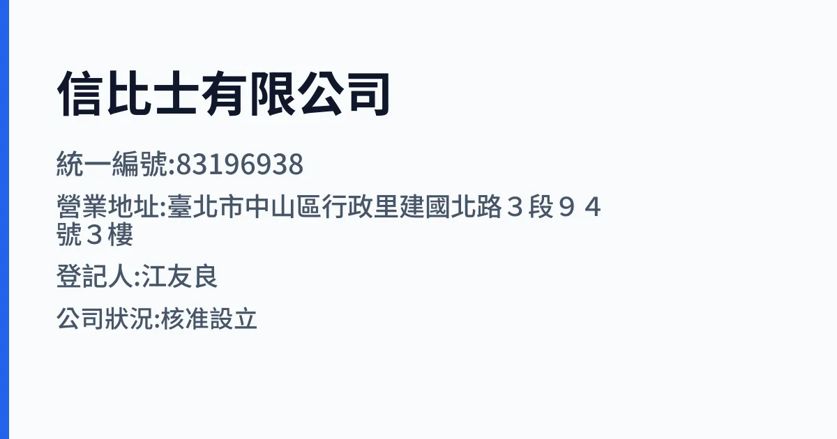信比士有限公司 - 統編 83196938(臺北市) 公司登記資料與營業項目詳細圖表