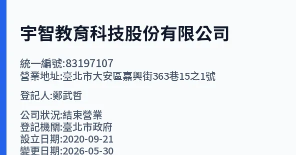 宇智教育科技股份有限公司的照片-統編 83197107(臺北市) 公司登記資料與營業項目詳細圖表