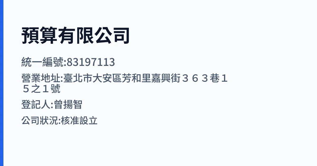 預算有限公司 - 統編 83197113(臺北市) 公司登記資料與營業項目詳細圖表