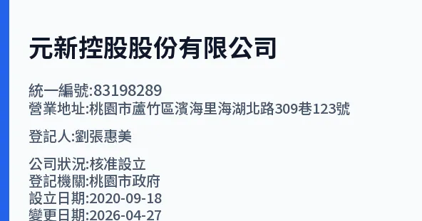 元新控股股份有限公司的照片-統編 83198289(桃園市) 公司登記資料與營業項目詳細圖表