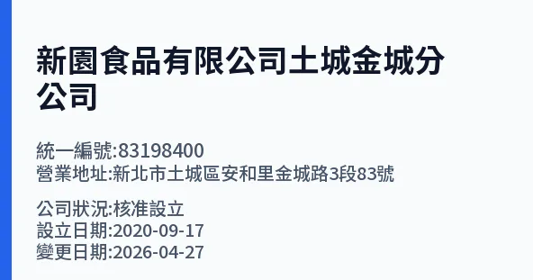 新園食品有限公司土城金城分公司的照片-統編 83198400(新北市) 公司登記資料與營業項目詳細圖表