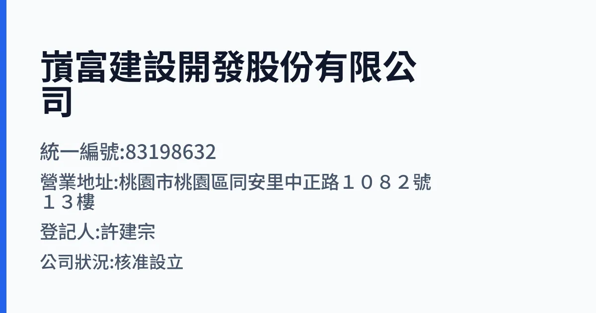 嵿富建設開發股份有限公司 - 統編 83198632(桃園市) 公司登記資料與營業項目詳細圖表