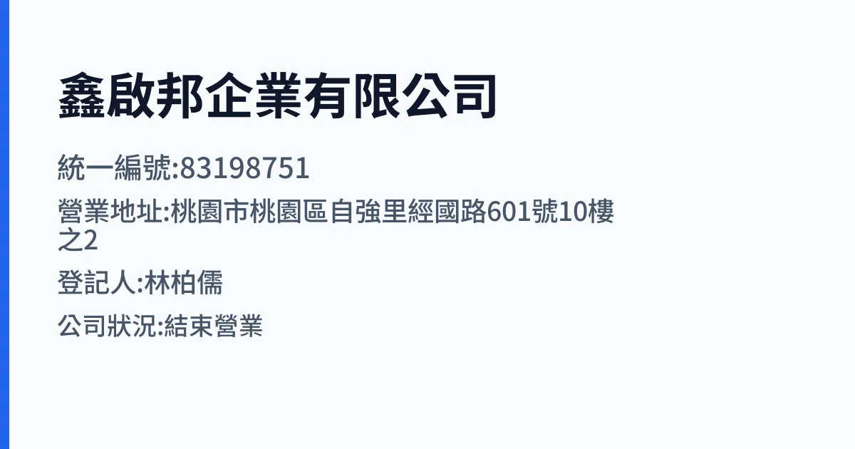 鑫啟邦企業有限公司 - 統編 83198751(桃園市) 公司登記資料與營業項目詳細圖表