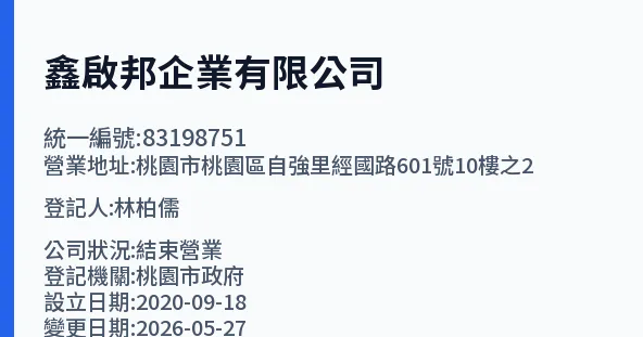 鑫啟邦企業有限公司的照片-統編 83198751(桃園市) 公司登記資料與營業項目詳細圖表
