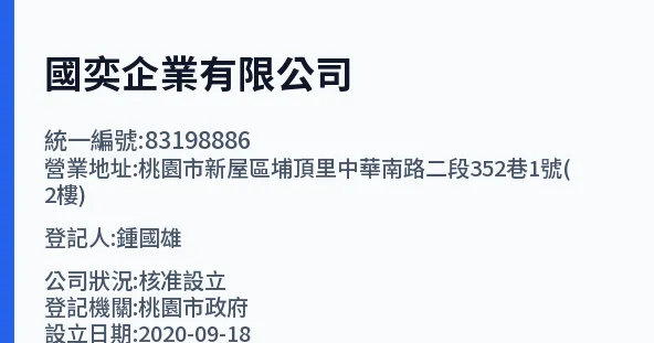 國奕企業有限公司的照片-統編 83198886(桃園市) 公司登記資料與營業項目詳細圖表