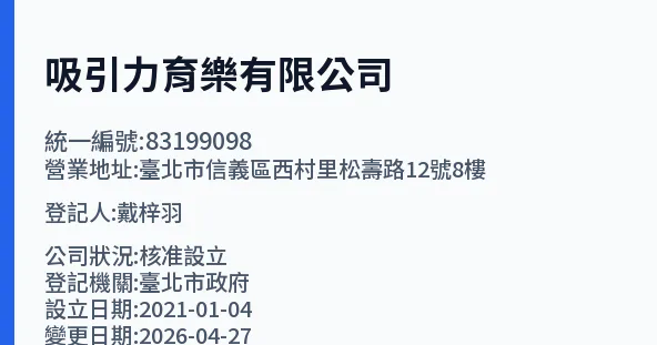 吸引力育樂有限公司的照片-統編 83199098(臺北市) 公司登記資料與營業項目詳細圖表