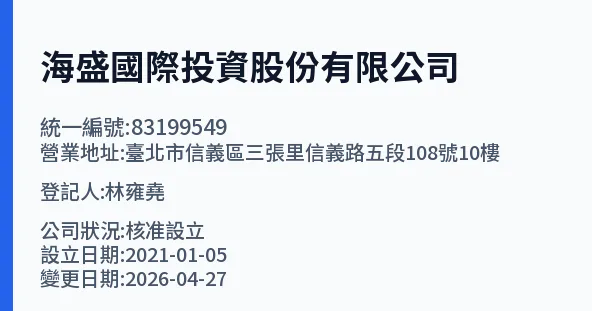 海盛國際投資股份有限公司的照片-統編 83199549(臺北市) 公司登記資料與營業項目詳細圖表