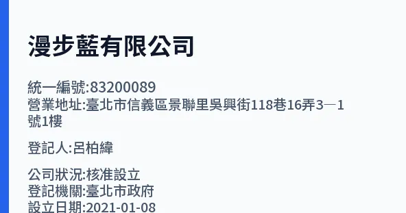 漫步藍有限公司的照片-統編 83200089(臺北市) 公司登記資料與營業項目詳細圖表