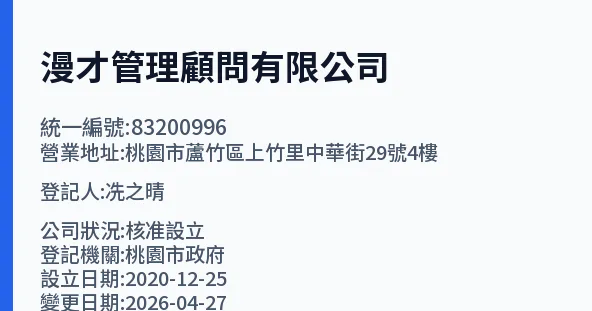 漫才管理顧問有限公司的照片-統編 83200996(桃園市) 公司登記資料與營業項目詳細圖表