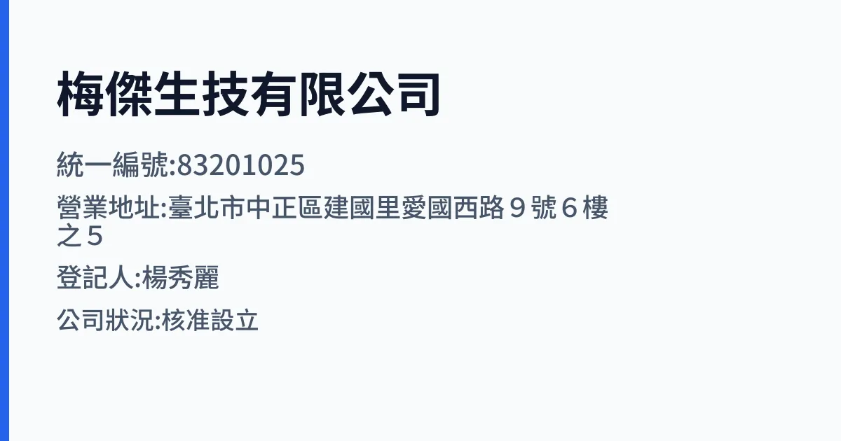 梅傑生技有限公司 - 統編 83201025（臺北市） 公司登記資料與營業項目詳細圖表