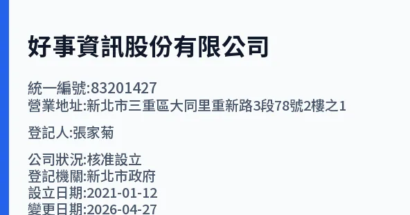 好事資訊股份有限公司的照片-統編 83201427(新北市) 公司登記資料與營業項目詳細圖表