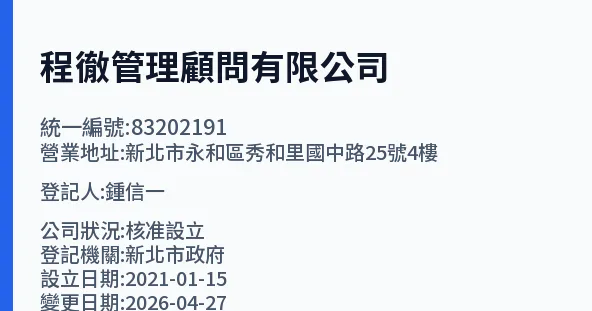程徹管理顧問有限公司的照片-統編 83202191(新北市) 公司登記資料與營業項目詳細圖表