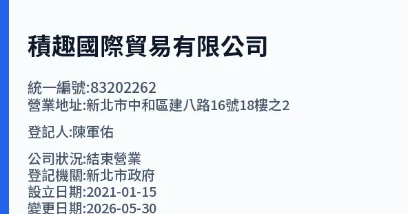 積趣國際貿易有限公司的照片-統編 83202262(新北市) 公司登記資料與營業項目詳細圖表