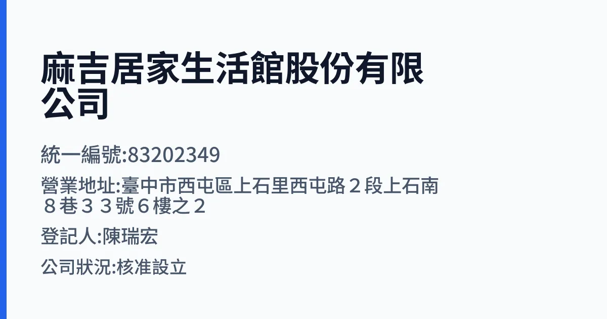 麻吉居家生活館股份有限公司 - 統編 83202349(臺中市) 公司登記資料與營業項目詳細圖表