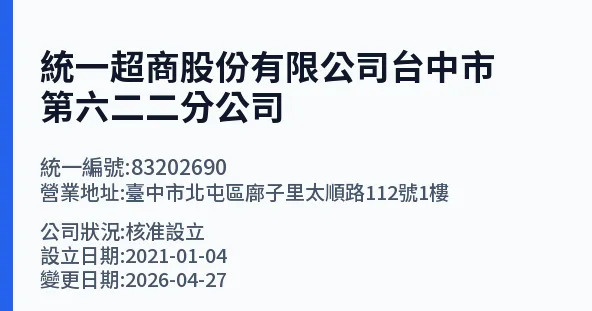 統一超商股份有限公司台中市第六二二分公司的照片-統編 83202690(臺中市) 公司登記資料與營業項目詳細圖表