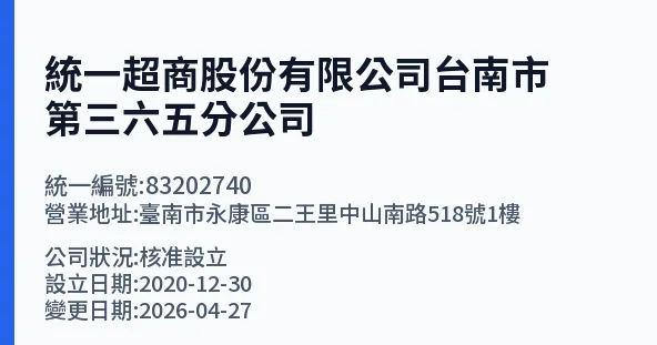 統一超商股份有限公司台南市第三六五分公司的照片-統編 83202740(臺南市) 公司登記資料與營業項目詳細圖表