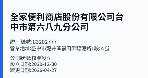 全家便利商店股份有限公司台中市第六八九分公司的照片-統編 83202777(臺中市) 公司登記資料與營業項目詳細圖表